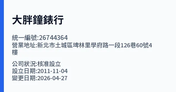 大胖鐘錶行的照片-統編 26744364(新北市) 公司登記資料與營業項目詳細圖表