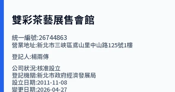 雙彩茶藝展售會館的照片-統編 26744863(新北市) 公司登記資料與營業項目詳細圖表