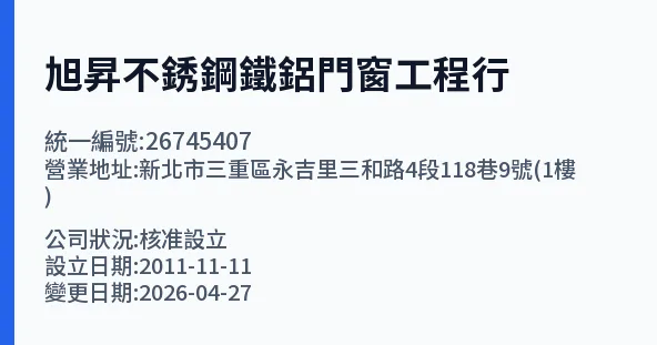 旭昇不銹鋼鐵鋁門窗工程行的照片-統編 26745407(新北市) 公司登記資料與營業項目詳細圖表
