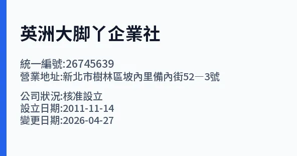 英洲大脚丫企業社的照片-統編 26745639(新北市) 公司登記資料與營業項目詳細圖表
