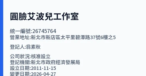 圓臉艾波兒工作室的照片-統編 26745764(新北市) 公司登記資料與營業項目詳細圖表