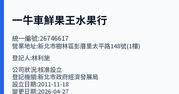 一牛車鮮果王水果行的照片-統編 26746617(新北市) 公司登記資料與營業項目詳細圖表