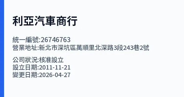 利亞汽車商行的照片-統編 26746763(新北市) 公司登記資料與營業項目詳細圖表