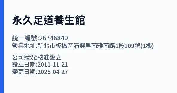 永久足道養生館的照片-統編 26746840(新北市) 公司登記資料與營業項目詳細圖表