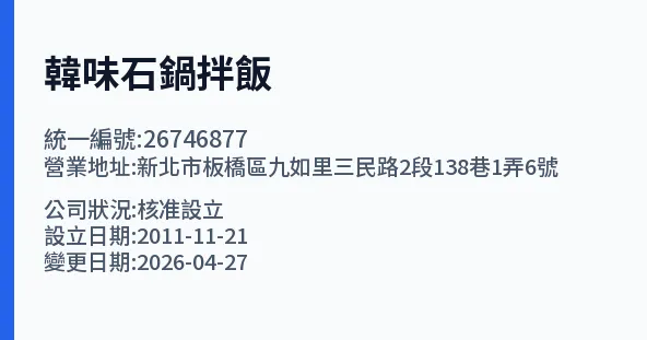 韓味石鍋拌飯的照片-統編 26746877(新北市) 公司登記資料與營業項目詳細圖表