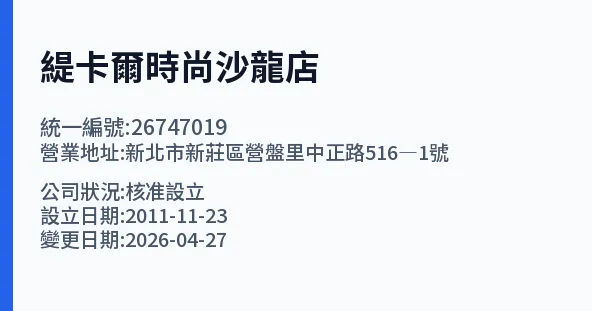 緹卡爾時尚沙龍店的照片-統編 26747019(新北市) 公司登記資料與營業項目詳細圖表