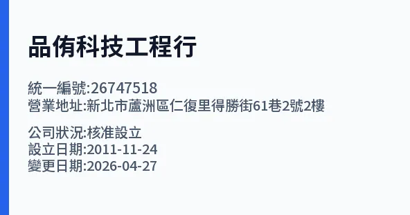 品侑科技工程行的照片-統編 26747518(新北市) 公司登記資料與營業項目詳細圖表