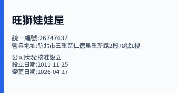 旺獅娃娃屋的照片-統編 26747637(新北市) 公司登記資料與營業項目詳細圖表