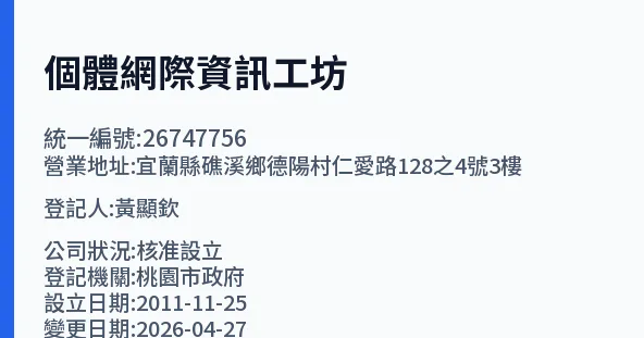個體網際資訊工坊的照片-統編 26747756(宜蘭縣) 公司登記資料與營業項目詳細圖表