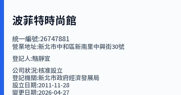 波菲特時尚館的照片-統編 26747881(新北市) 公司登記資料與營業項目詳細圖表