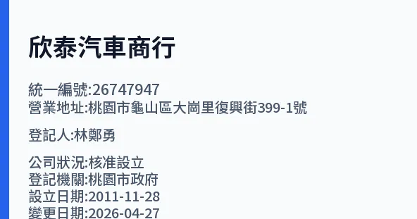 欣泰汽車商行的照片-統編 26747947(桃園市) 公司登記資料與營業項目詳細圖表
