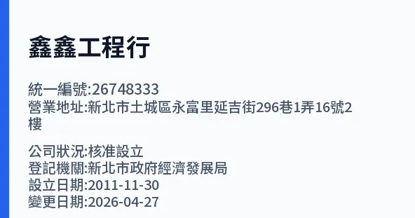鑫鑫工程行的照片-統編 26748333(新北市) 公司登記資料與營業項目詳細圖表