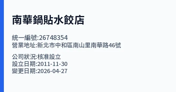 南華鍋貼水餃店的照片-統編 26748354(新北市) 公司登記資料與營業項目詳細圖表