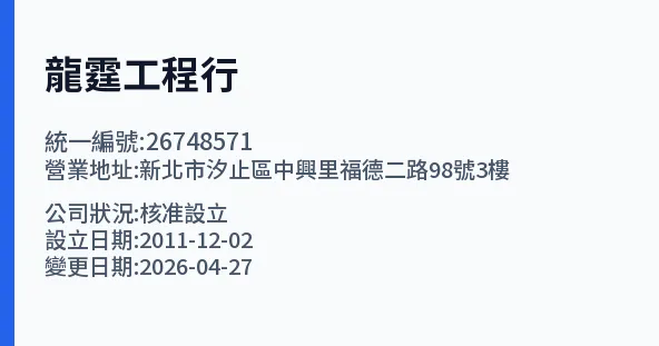 龍霆工程行的照片-統編 26748571(新北市) 公司登記資料與營業項目詳細圖表