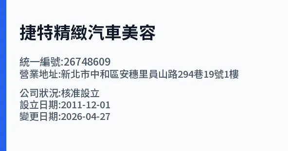 捷特精緻汽車美容的照片-統編 26748609(新北市) 公司登記資料與營業項目詳細圖表