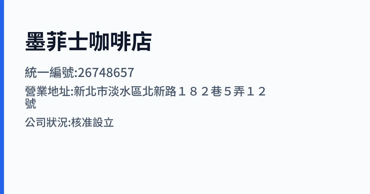 墨菲士咖啡店 - 統編 26748657(新北市) 公司登記資料與營業項目詳細圖表