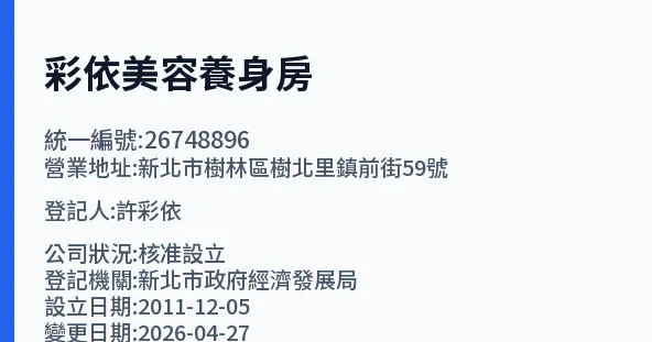 彩依美容養身房的照片-統編 26748896(新北市) 公司登記資料與營業項目詳細圖表