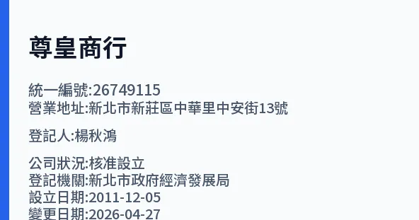 尊皇商行的照片-統編 26749115(新北市) 公司登記資料與營業項目詳細圖表