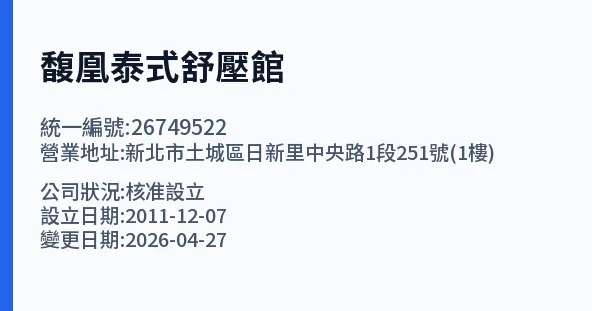 馥凰泰式舒壓館的照片-統編 26749522(新北市) 公司登記資料與營業項目詳細圖表