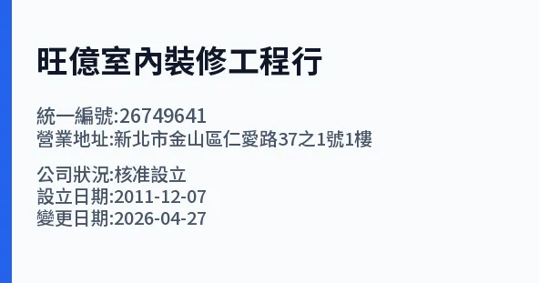 旺億室內裝修工程行的照片-統編 26749641(新北市) 公司登記資料與營業項目詳細圖表