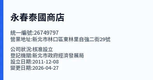 永春泰國商店的照片-統編 26749797(新北市) 公司登記資料與營業項目詳細圖表