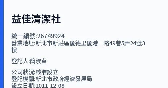 益佳清潔社的照片-統編 26749924(新北市) 公司登記資料與營業項目詳細圖表