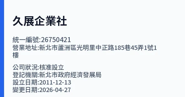 久展企業社的照片-統編 26750421(新北市) 公司登記資料與營業項目詳細圖表