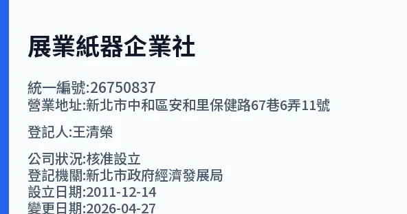 展業紙器企業社的照片-統編 26750837(新北市) 公司登記資料與營業項目詳細圖表