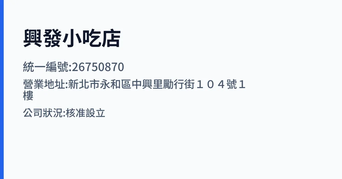 興發小吃店 - 統編 26750870(新北市) 公司登記資料與營業項目詳細圖表