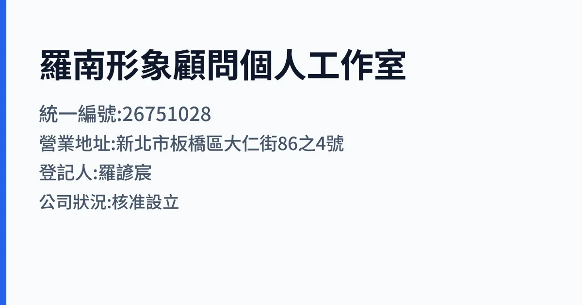 羅南形象顧問個人工作室 - 統編 26751028(新北市) 公司登記資料與營業項目詳細圖表