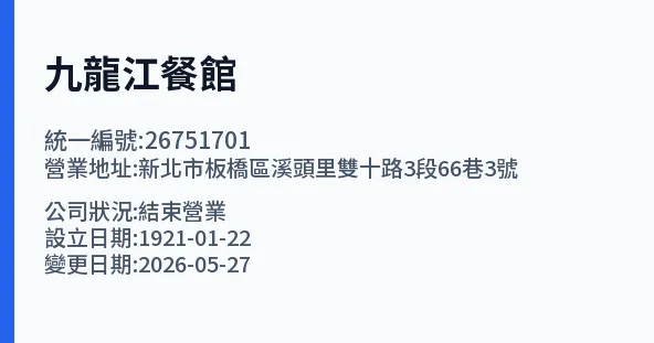 九龍江餐館的照片-統編 26751701(新北市) 公司登記資料與營業項目詳細圖表