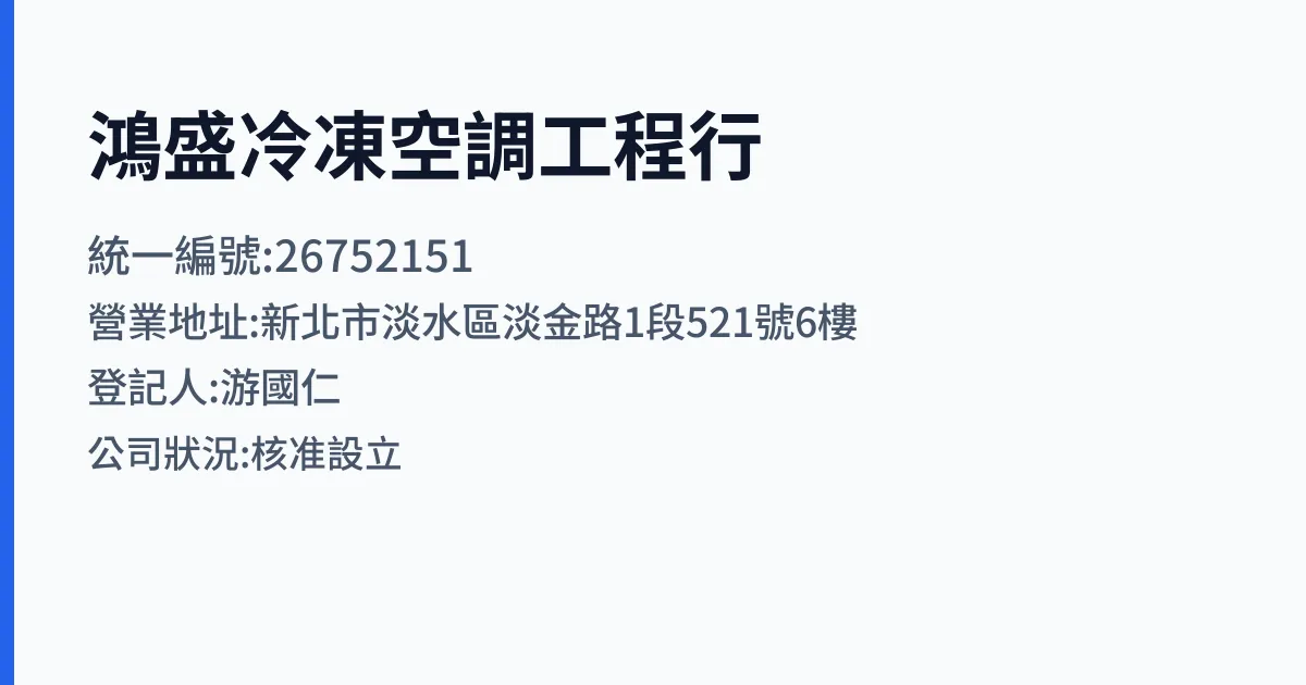 鴻盛冷凍空調工程行 - 統編 26752151(新北市) 公司登記資料與營業項目詳細圖表
