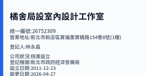 橘舍局設室內設計工作室的照片-統編 26752309(新北市) 公司登記資料與營業項目詳細圖表