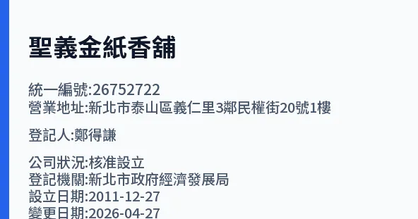 聖義金紙香舖的照片-統編 26752722(新北市) 公司登記資料與營業項目詳細圖表