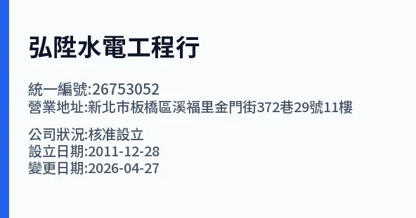 弘陞水電工程行的照片-統編 26753052(新北市) 公司登記資料與營業項目詳細圖表