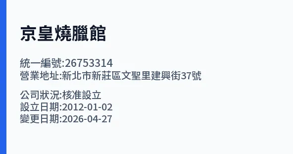 京皇燒臘館的照片-統編 26753314(新北市) 公司登記資料與營業項目詳細圖表