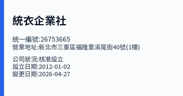 統衣企業社的照片-統編 26753665(新北市) 公司登記資料與營業項目詳細圖表