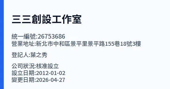 三三創設工作室的照片-統編 26753686(新北市) 公司登記資料與營業項目詳細圖表