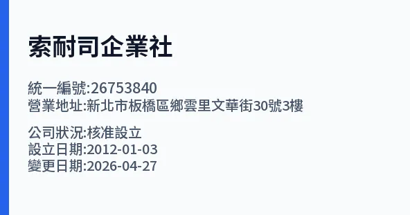 索耐司企業社的照片-統編 26753840(新北市) 公司登記資料與營業項目詳細圖表