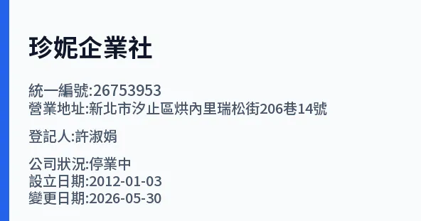珍妮企業社的照片-統編 26753953(新北市) 公司登記資料與營業項目詳細圖表