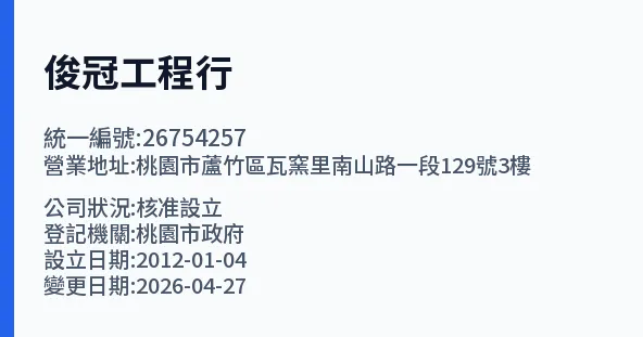 俊冠工程行的照片-統編 26754257(桃園市) 公司登記資料與營業項目詳細圖表