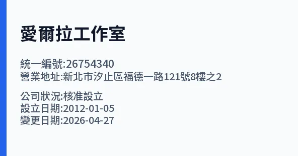 愛爾拉工作室的照片-統編 26754340(新北市) 公司登記資料與營業項目詳細圖表