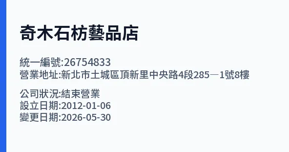 奇木石枋藝品店的照片-統編 26754833(新北市) 公司登記資料與營業項目詳細圖表