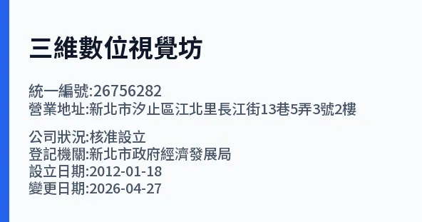 三維數位視覺坊的照片-統編 26756282(新北市) 公司登記資料與營業項目詳細圖表