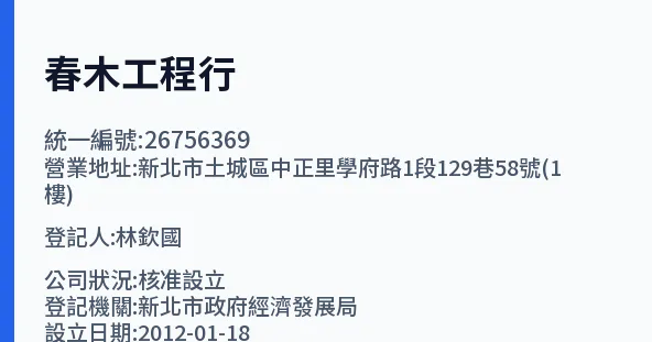 春木工程行的照片-統編 26756369(新北市) 公司登記資料與營業項目詳細圖表