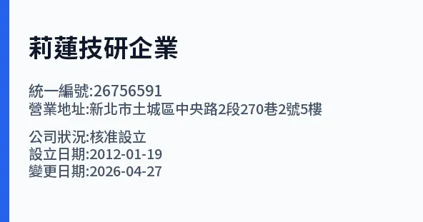 莉蓮技研企業的照片-統編 26756591(新北市) 公司登記資料與營業項目詳細圖表
