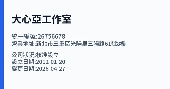 大心亞工作室的照片-統編 26756678(新北市) 公司登記資料與營業項目詳細圖表