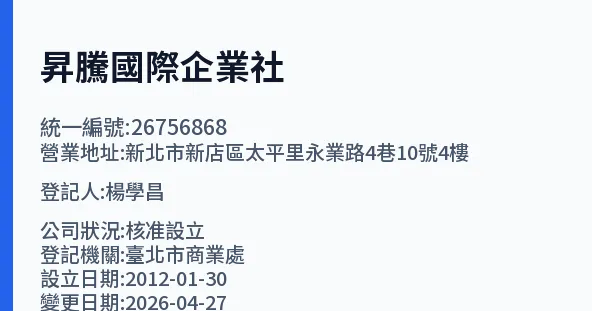 昇騰國際企業社的照片-統編 26756868(新北市) 公司登記資料與營業項目詳細圖表