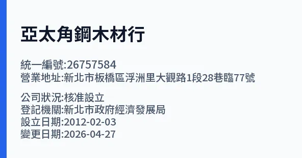 亞太角鋼木材行的照片-統編 26757584(新北市) 公司登記資料與營業項目詳細圖表