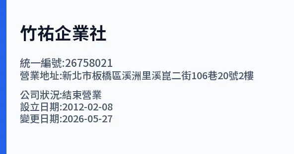 竹祐企業社的照片-統編 26758021(新北市) 公司登記資料與營業項目詳細圖表